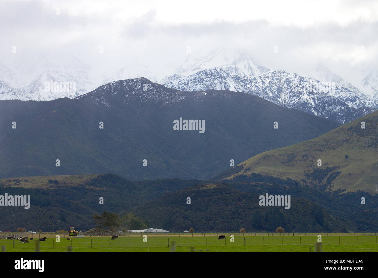New Zealand rural landscape of snow topped mountains and green valley ...