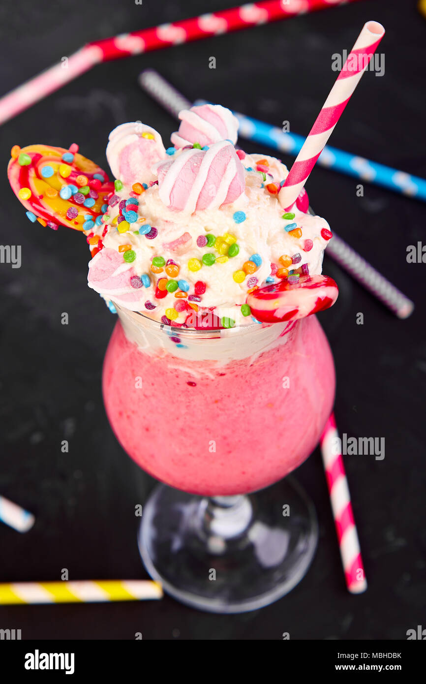 Pink Extreme milkshake with berry, rasberry, strawberry, candy ...
