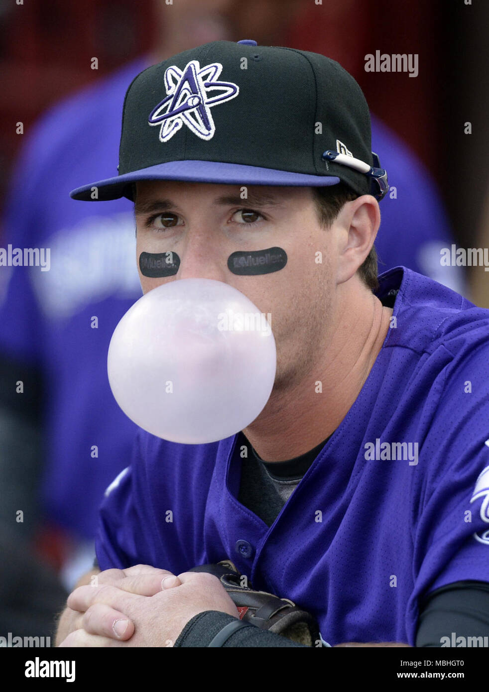 U.S. 10th Apr, 2018. SPORTS -- The Isotopes' Drew Weeks inflates his ...