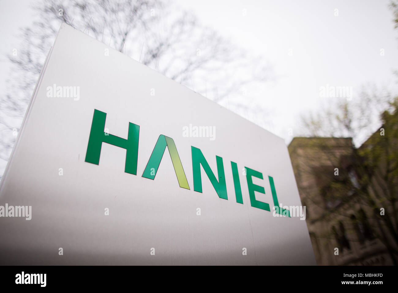 11 April 2018, Germany, Duisburg: A sign featuring the Haniel logo ...