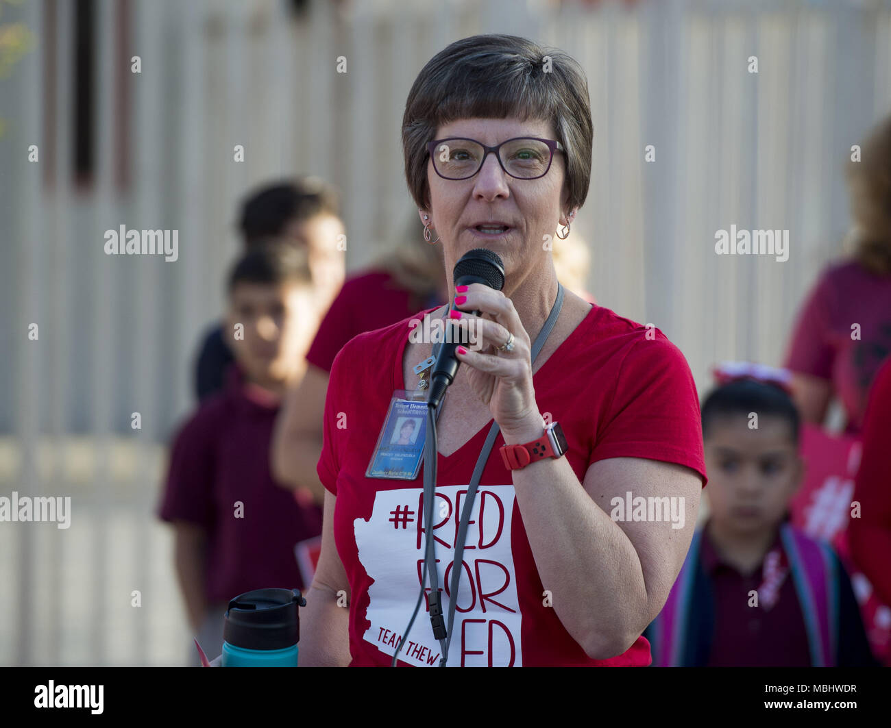 Tempe, Arizona, USA. 11th Apr, 2018. Kindergarten teacher TRACEY ...