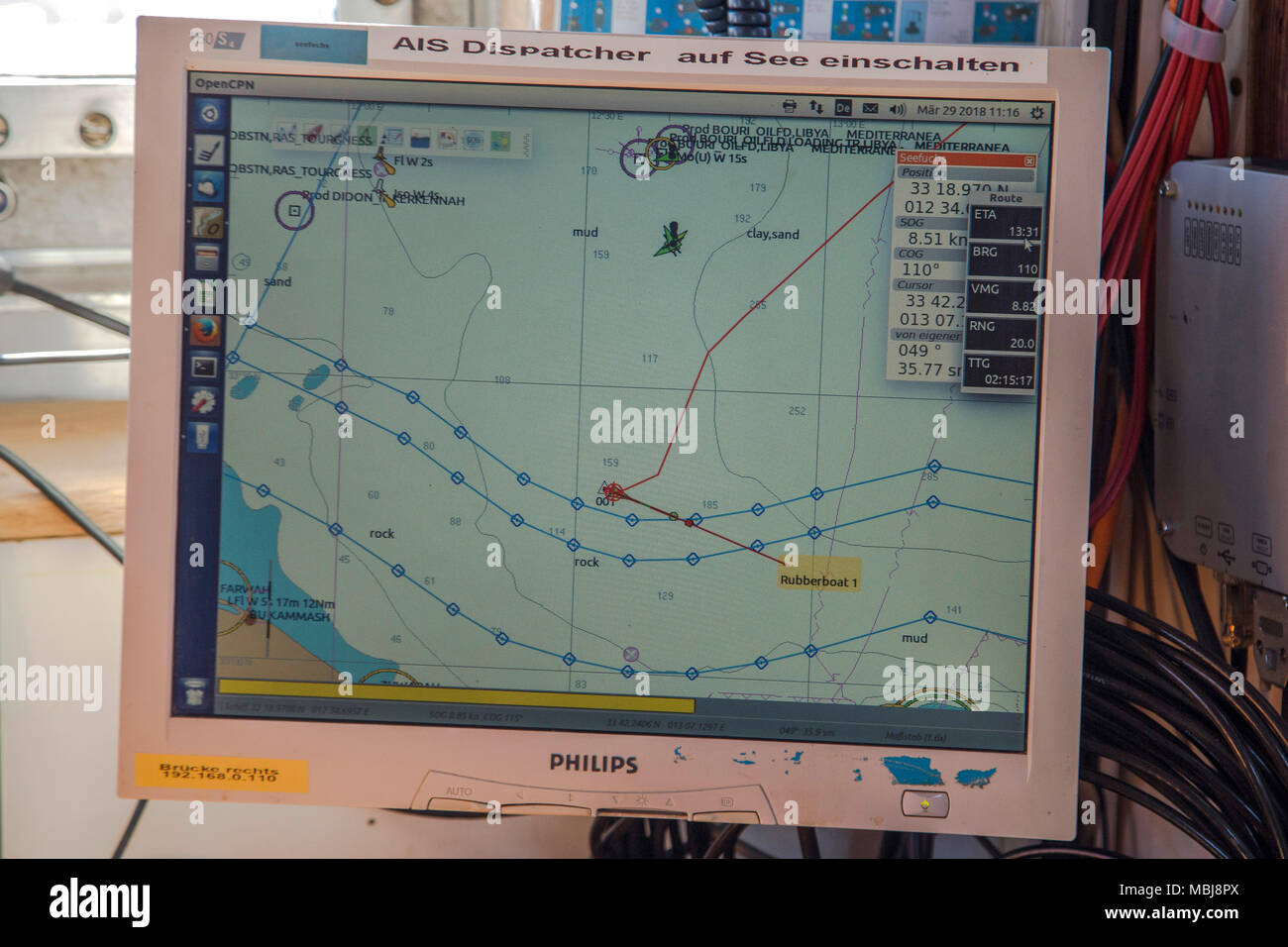 The AIS screen showing the SeeFuchs route to rescue a rubber boat in ...