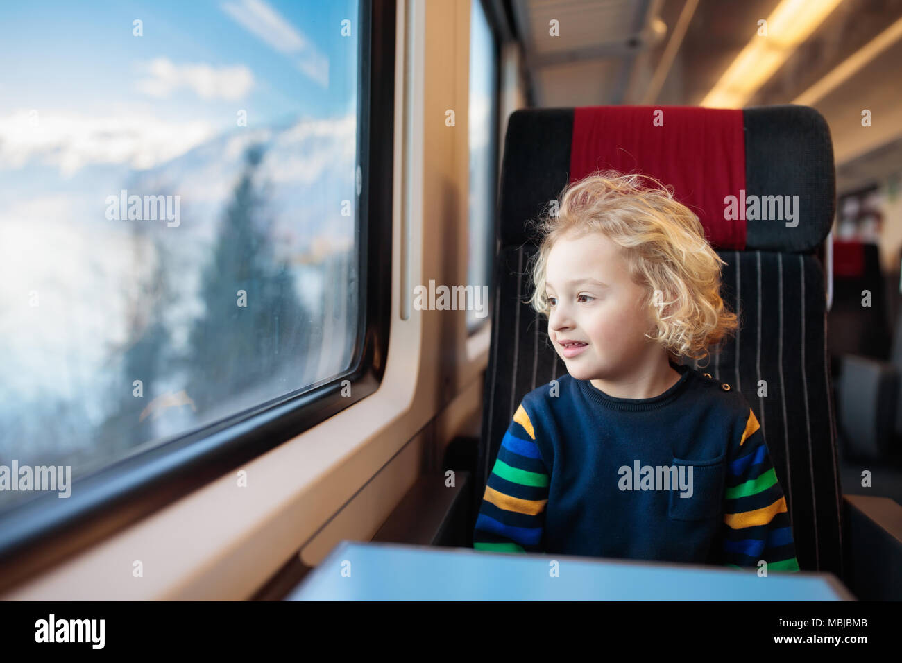 Child traveling by train. Little kid in a high speed express train on ...