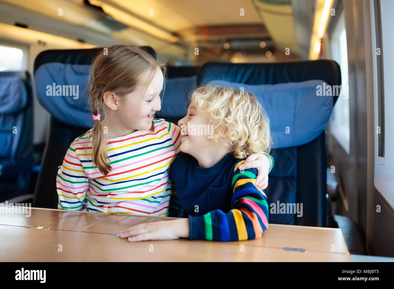 Child traveling by train. Little kid in a high speed express train on ...