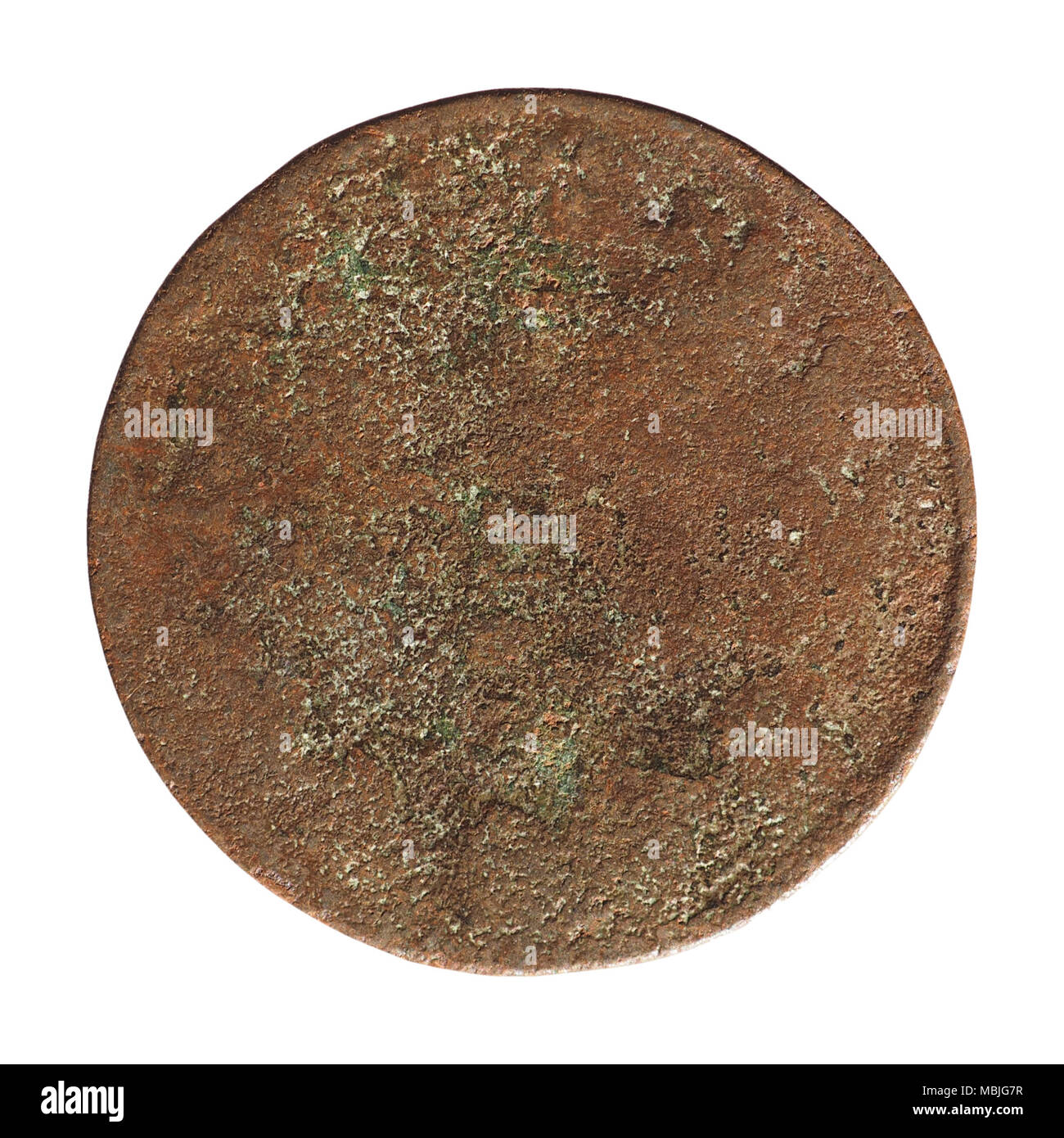 Very ancient rusted weathered coin, completely illegible isolated over ...