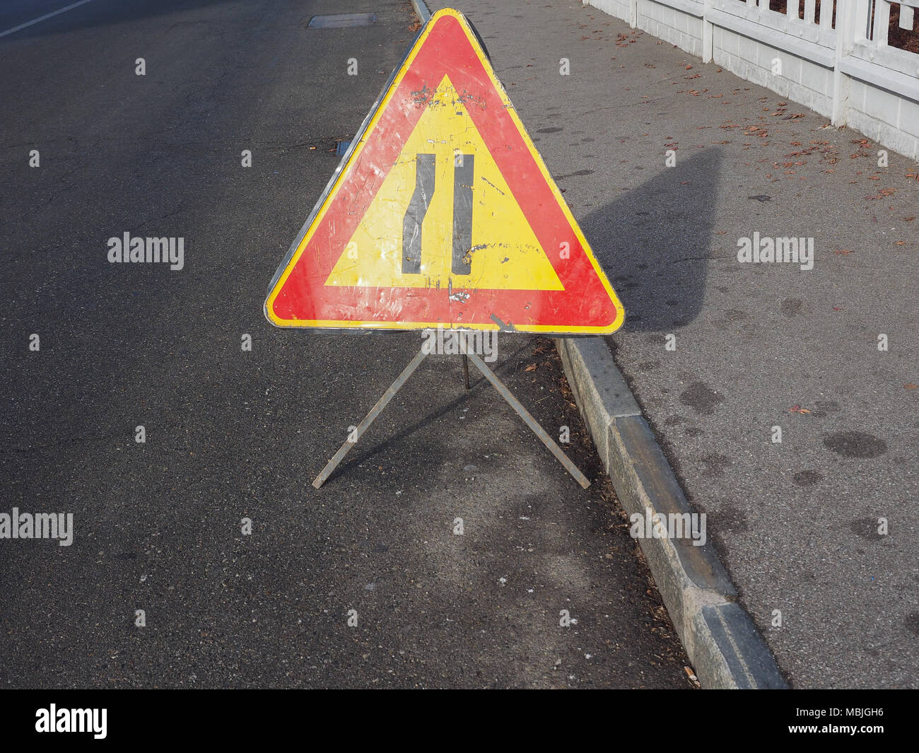 Warning signs, road narrows for works traffic sign with copy space ...