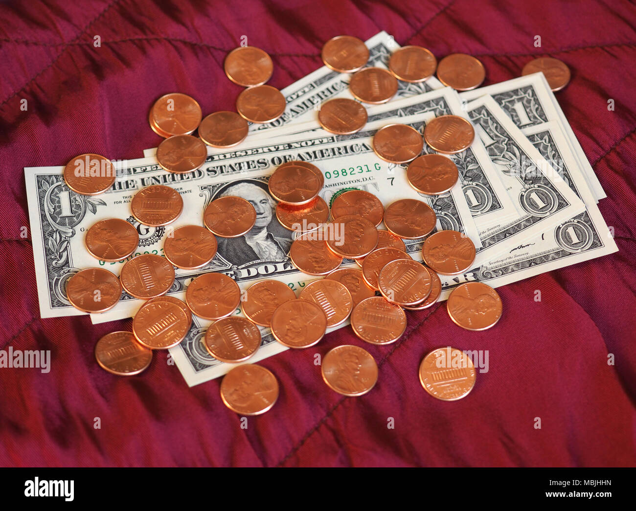 One Dollar banknotes and One Cent coin money (USD), currency of United ...