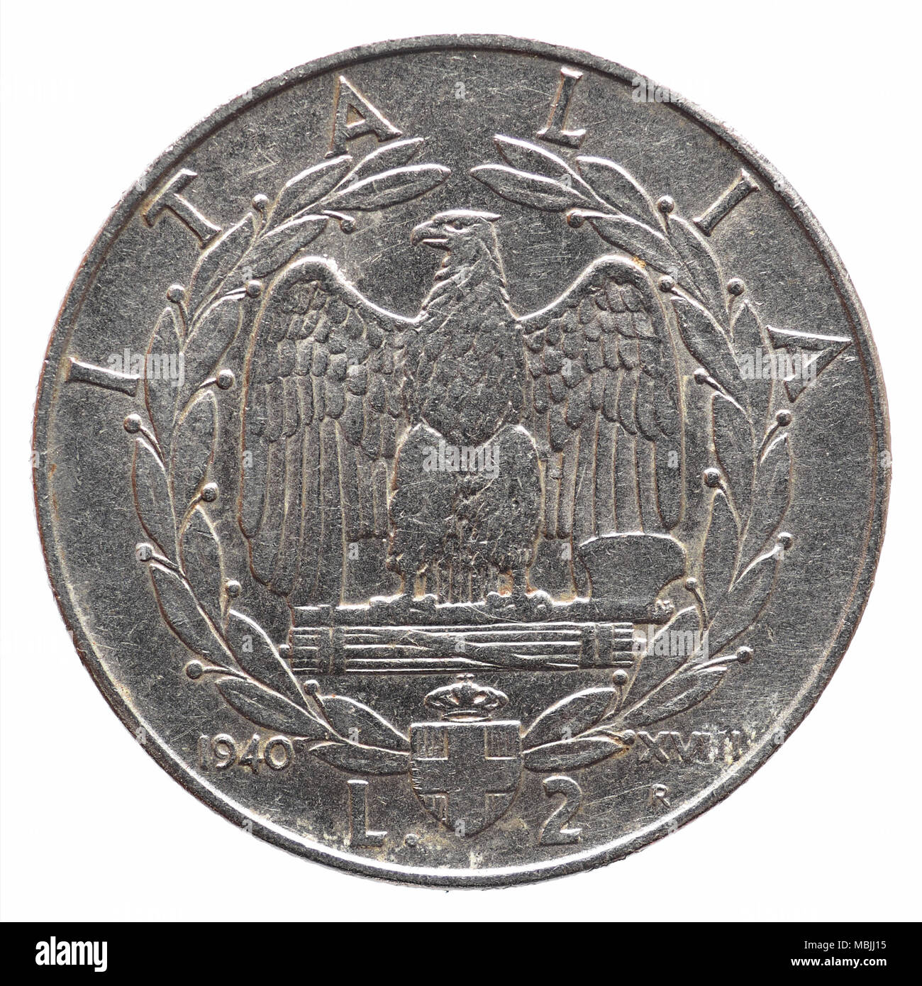 Old Italian Lira 2 Lire coin, circa 1940 isolated over white background ...