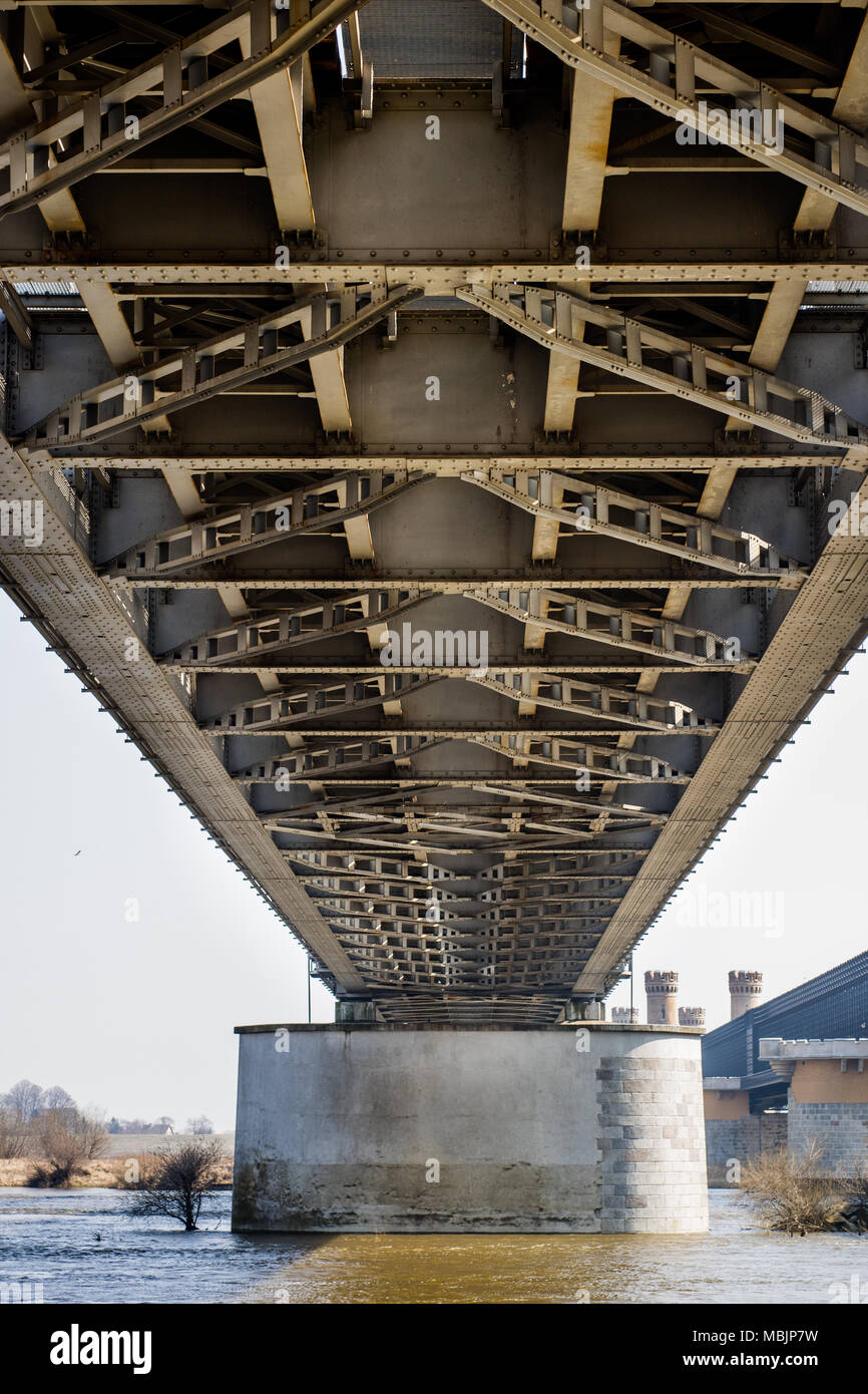 Bridge crossing across a large river. Truss bridge in the city of Tczew ...