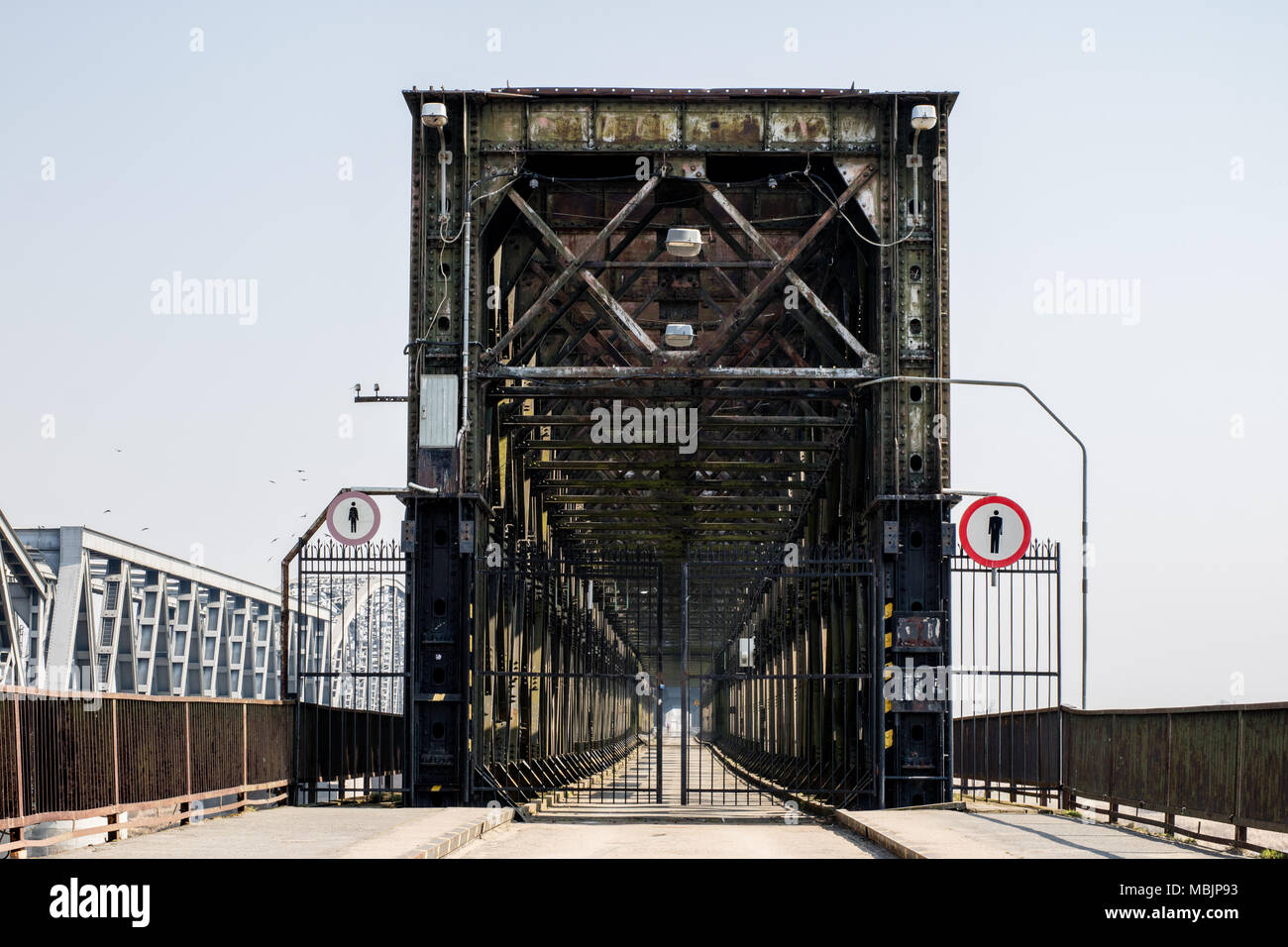Bridge crossing across a large river. Truss bridge in the city of Tczew ...