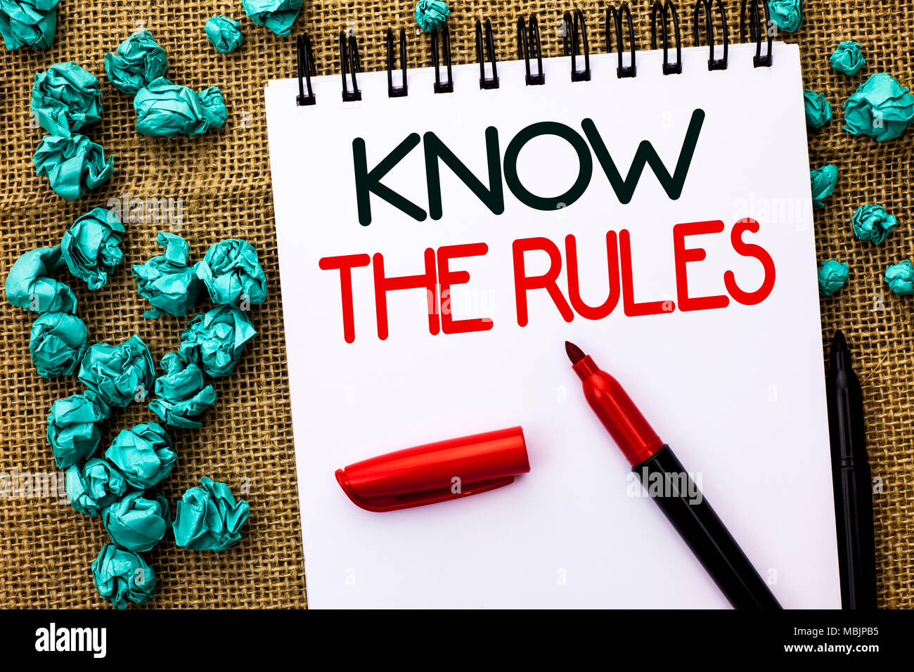 Writing note showing Know The Rules. Business photo showcasing Be aware ...