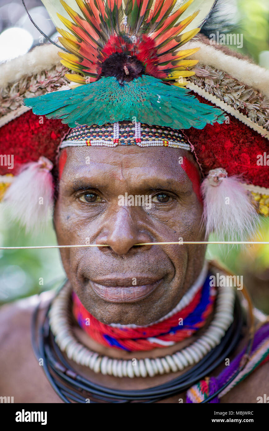 Portrait of an adult teacher for Huli initiates, Tari Valley, Papua New ...
