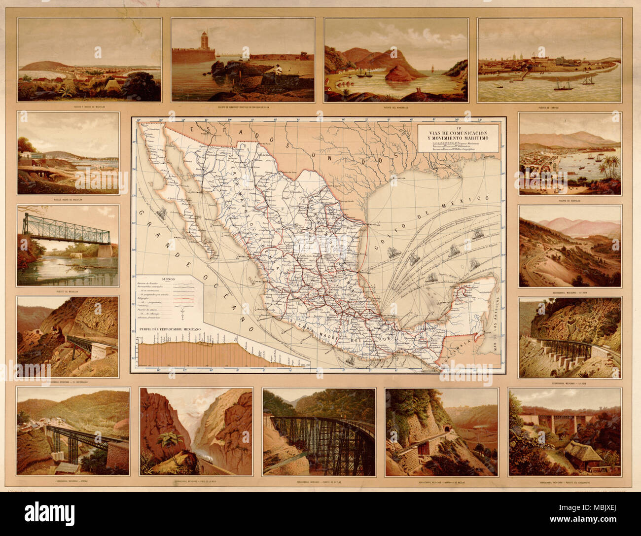 Communications & Maritime Waterways Mexican Map - 1885 Stock Photo - Alamy