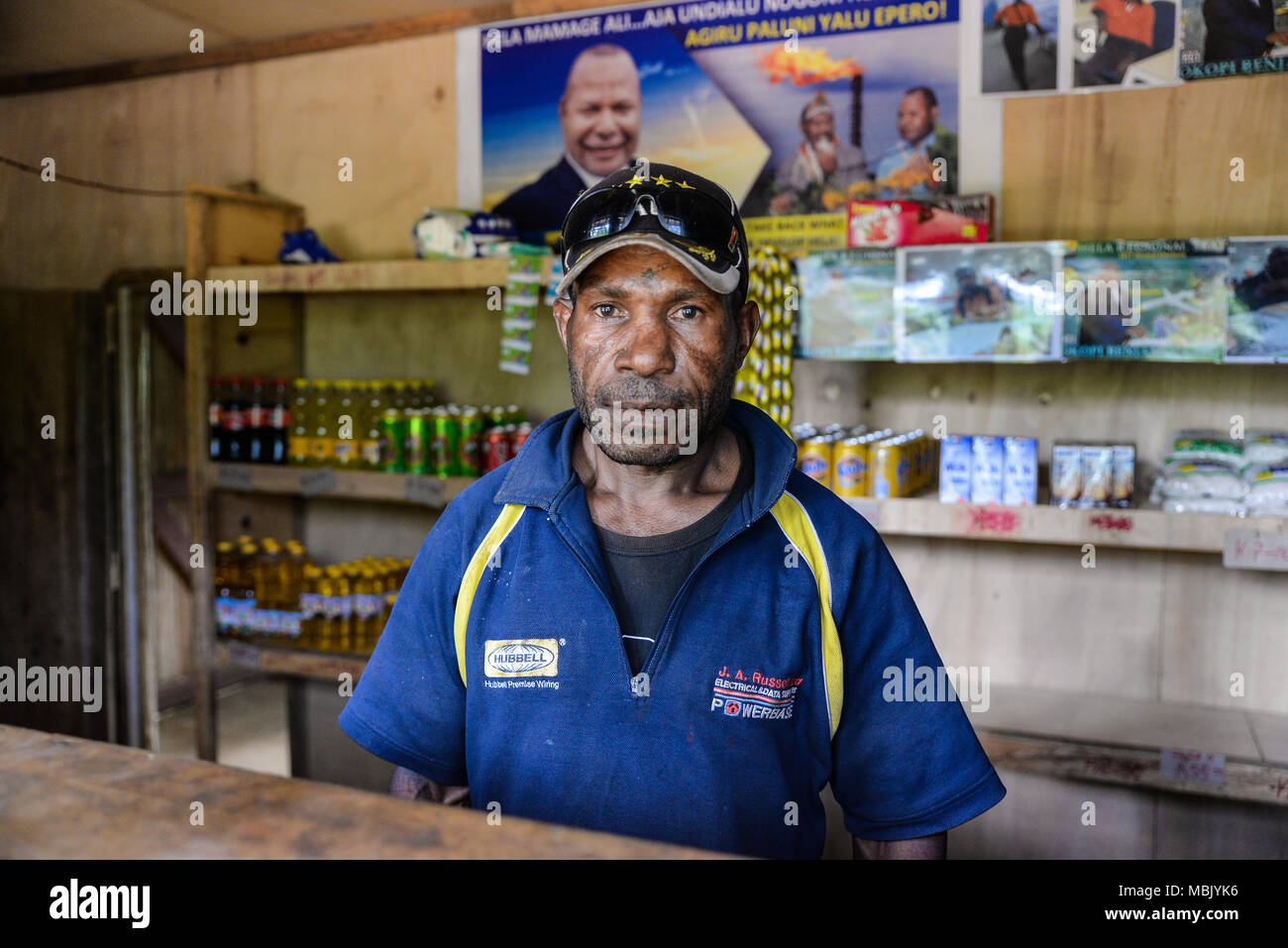 Portrait of a shop keeper behind the desk, Tari Valley, Papua New ...