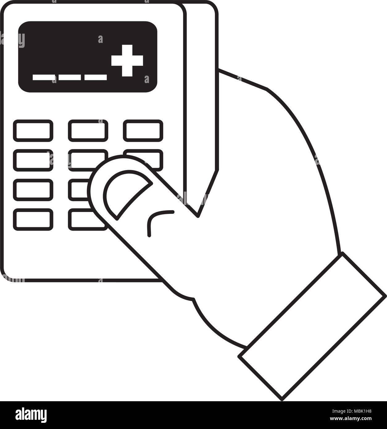 hand with calculator icon over white background, vector illustration ...
