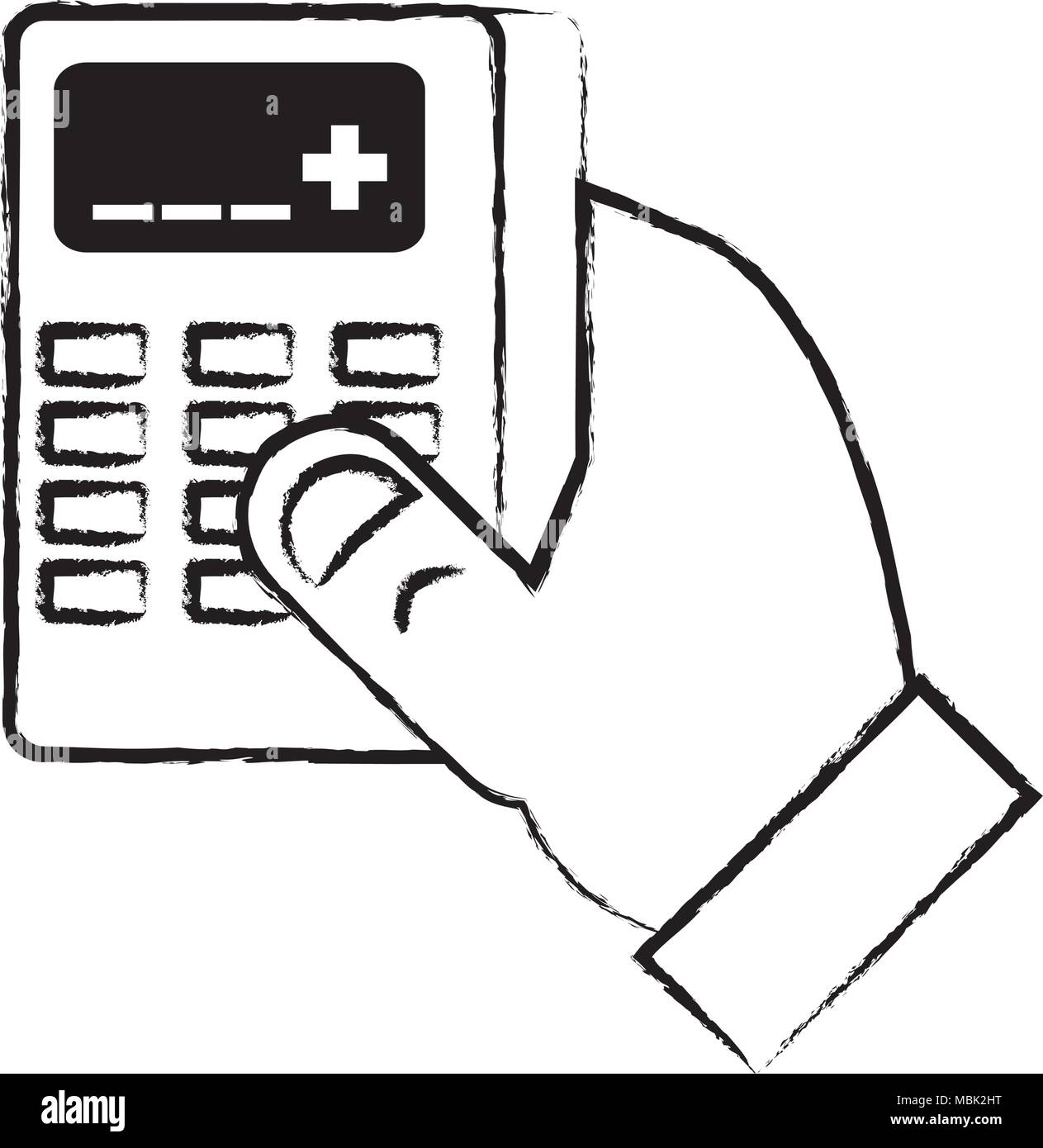 sketch of hand with calculator icon over white background, vector ...