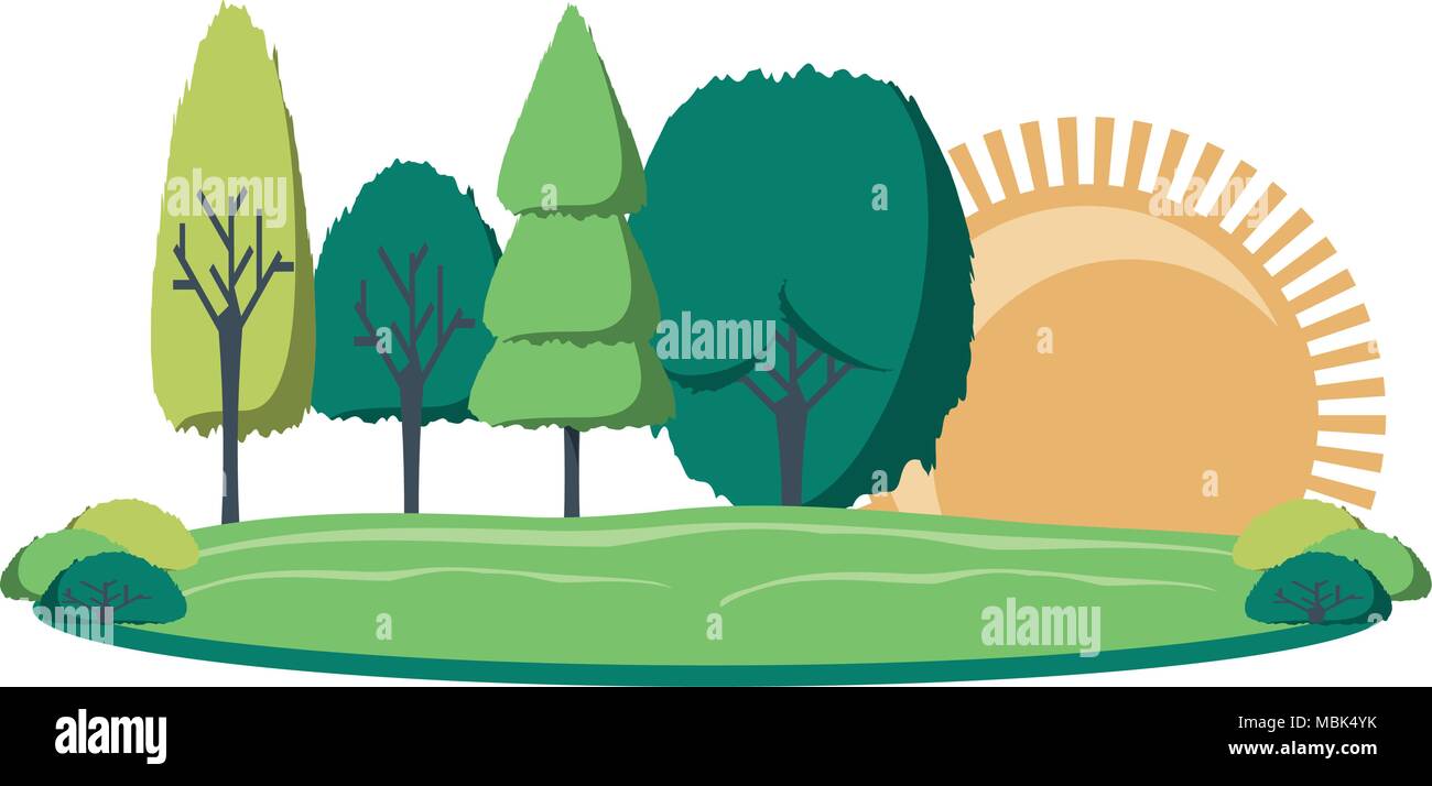 landscape with sun and trees over white background, colorful design ...