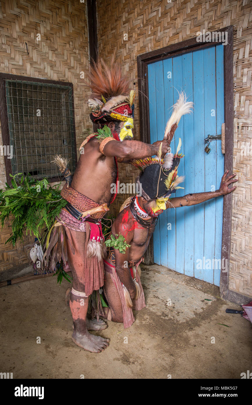 Two Huli wigmen (one kneeling) getting ready for a sing-sing show, Tari ...