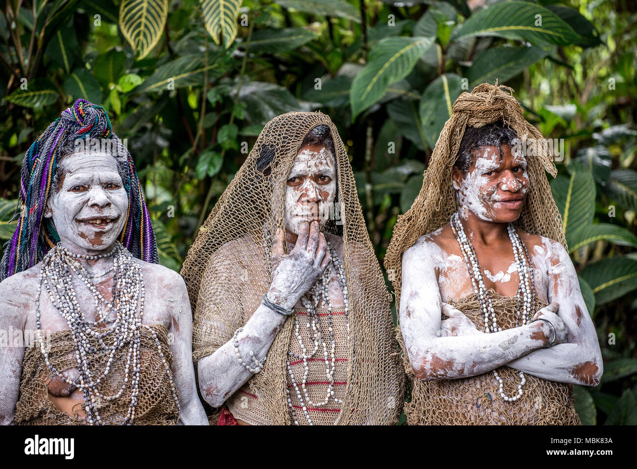 Portrait of three widows at a "widows village", Tari Valley, Papua New ...