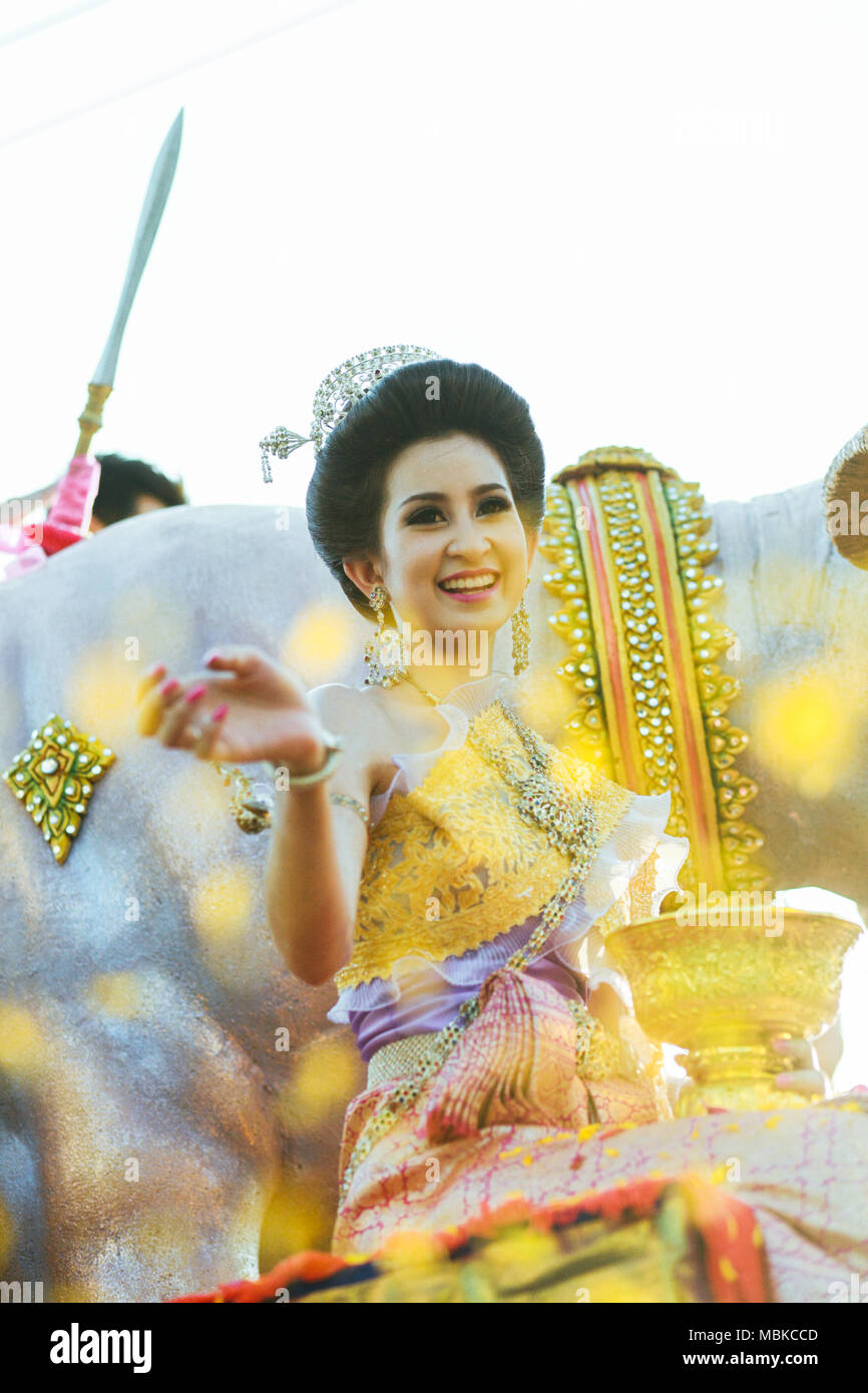 Buddhist new year festival "Songkran" celebrations in Thailand, Phra Pradaeng, Bangkok, 2012 ...