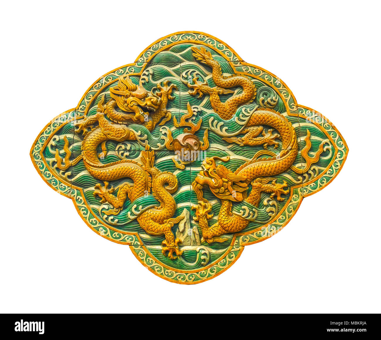 Two dragons playing a pearl, a sculpture isolated white background ...