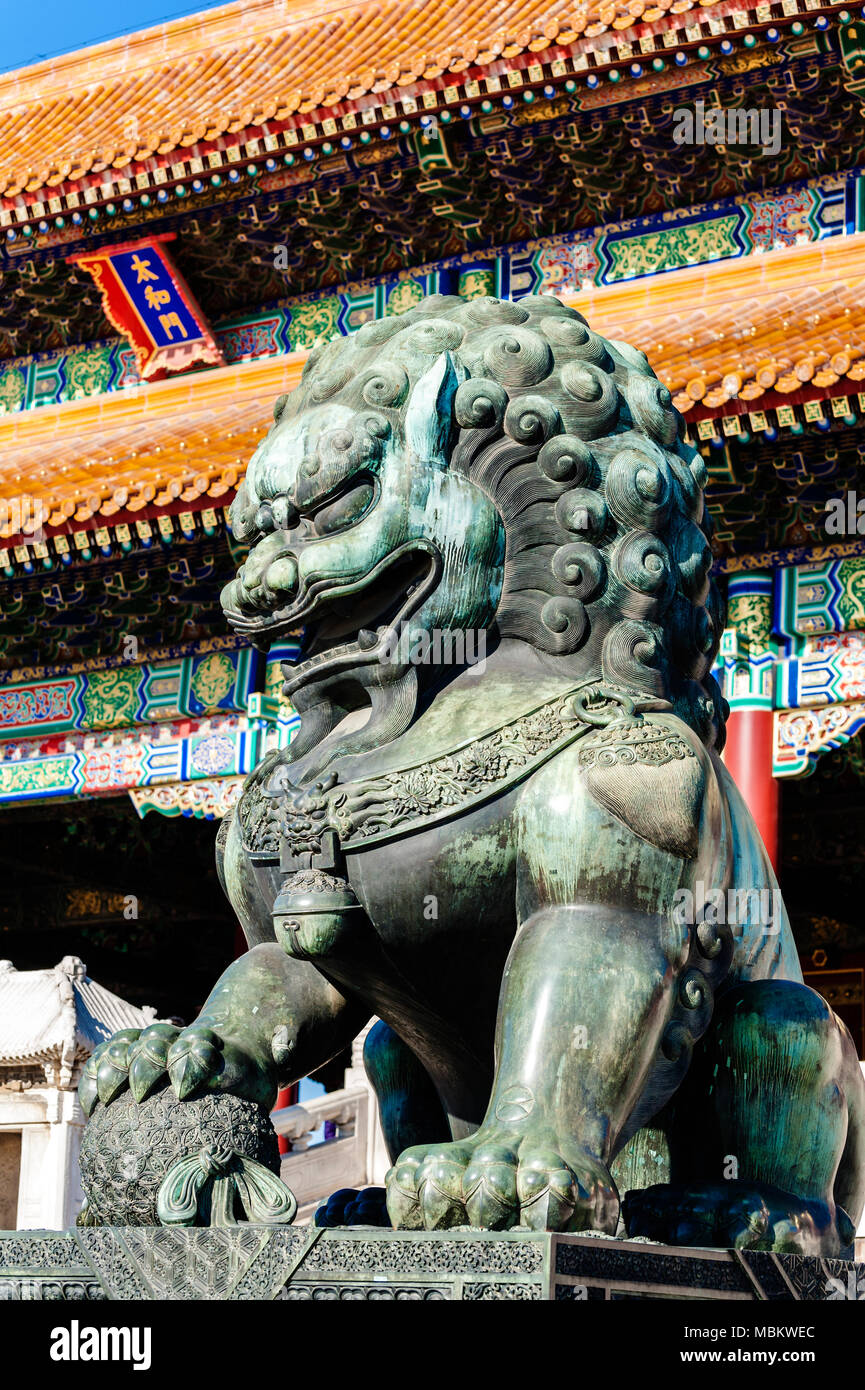 The bronze lion in front of Taihe gate of Forbidden City Stock Photo ...