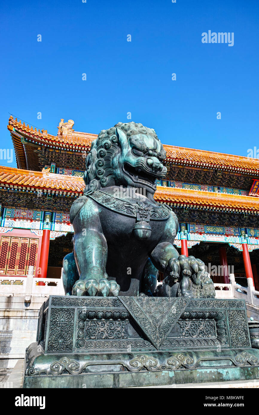 The bronze lion in front of Taihe gate of Forbidden City Stock Photo ...