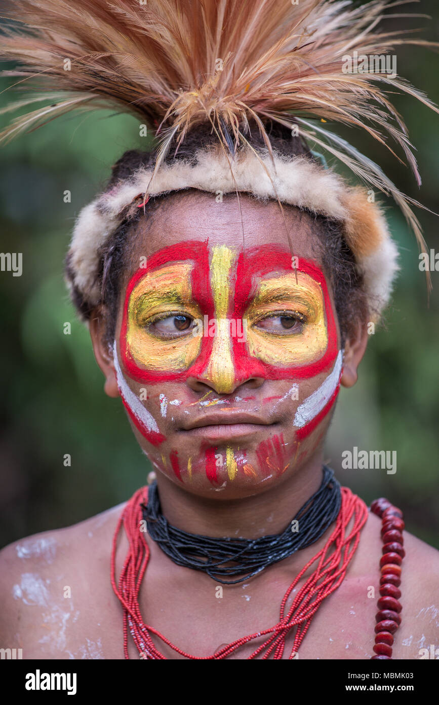 Portrait of a Huli girl with face painted for the Initiate Dance, Tari ...