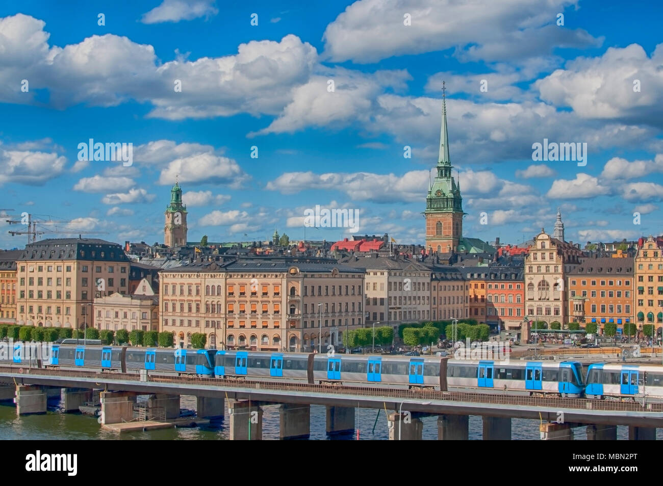 View over Stockholm, Sweden with train on bridge Stock Photo - Alamy