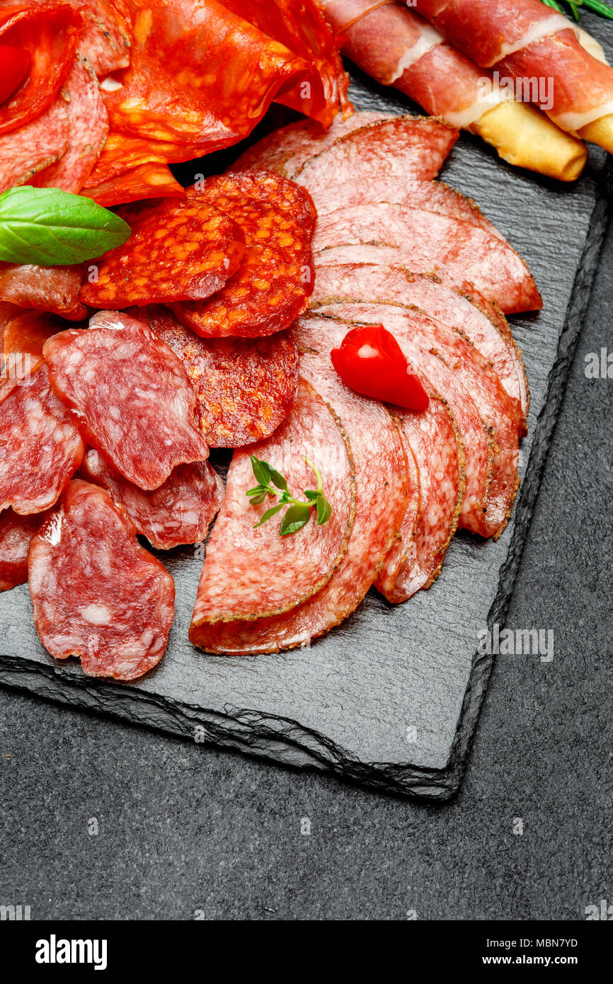 Cold meat plate with salami and chorizo sausage and parma Stock Photo ...