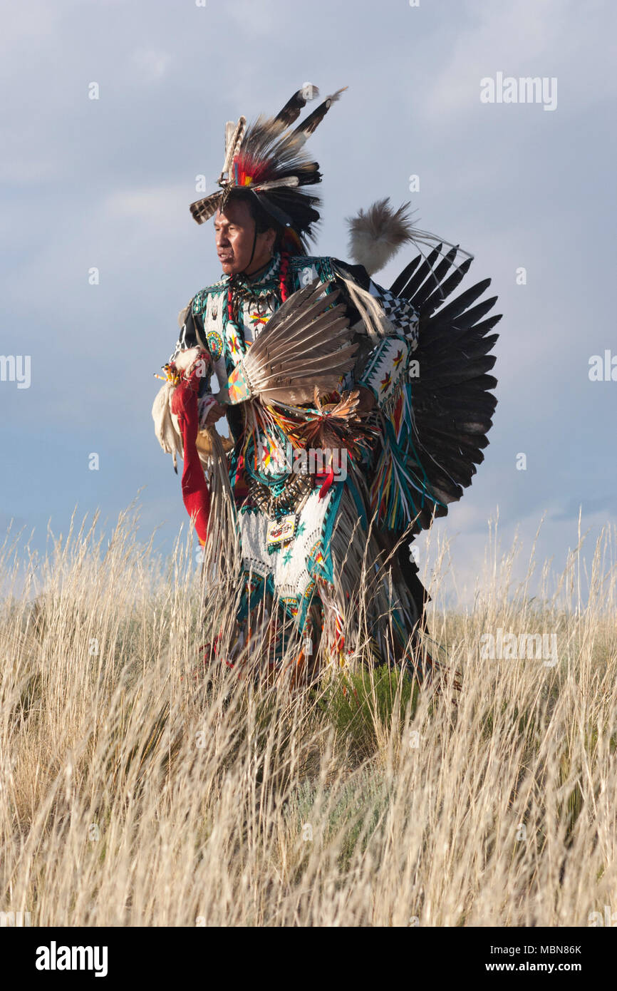 Native American man wearing traditional Cheyenne costume in New Mexico ...