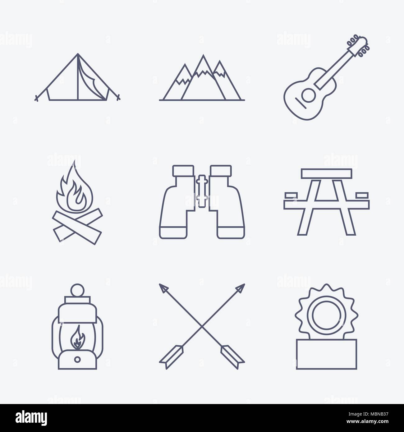Set of Outline stroke Camping icons on white background. Vector ...