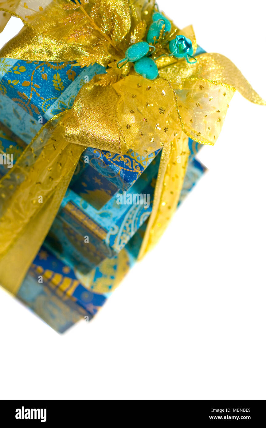 pyramid of blue gift boxes with golden bow on white background Stock ...