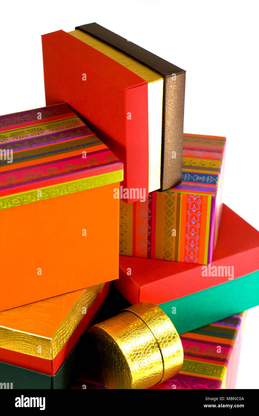 pile of different colorful gift boxes Stock Photo - Alamy
