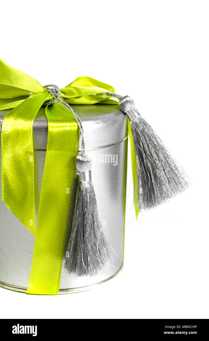 metal gift box with beautiful decoration isolated on white Stock Photo ...