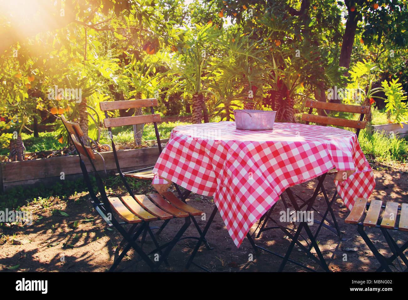 Image of rural restaurant with vintage table and chairs outdoors Stock ...