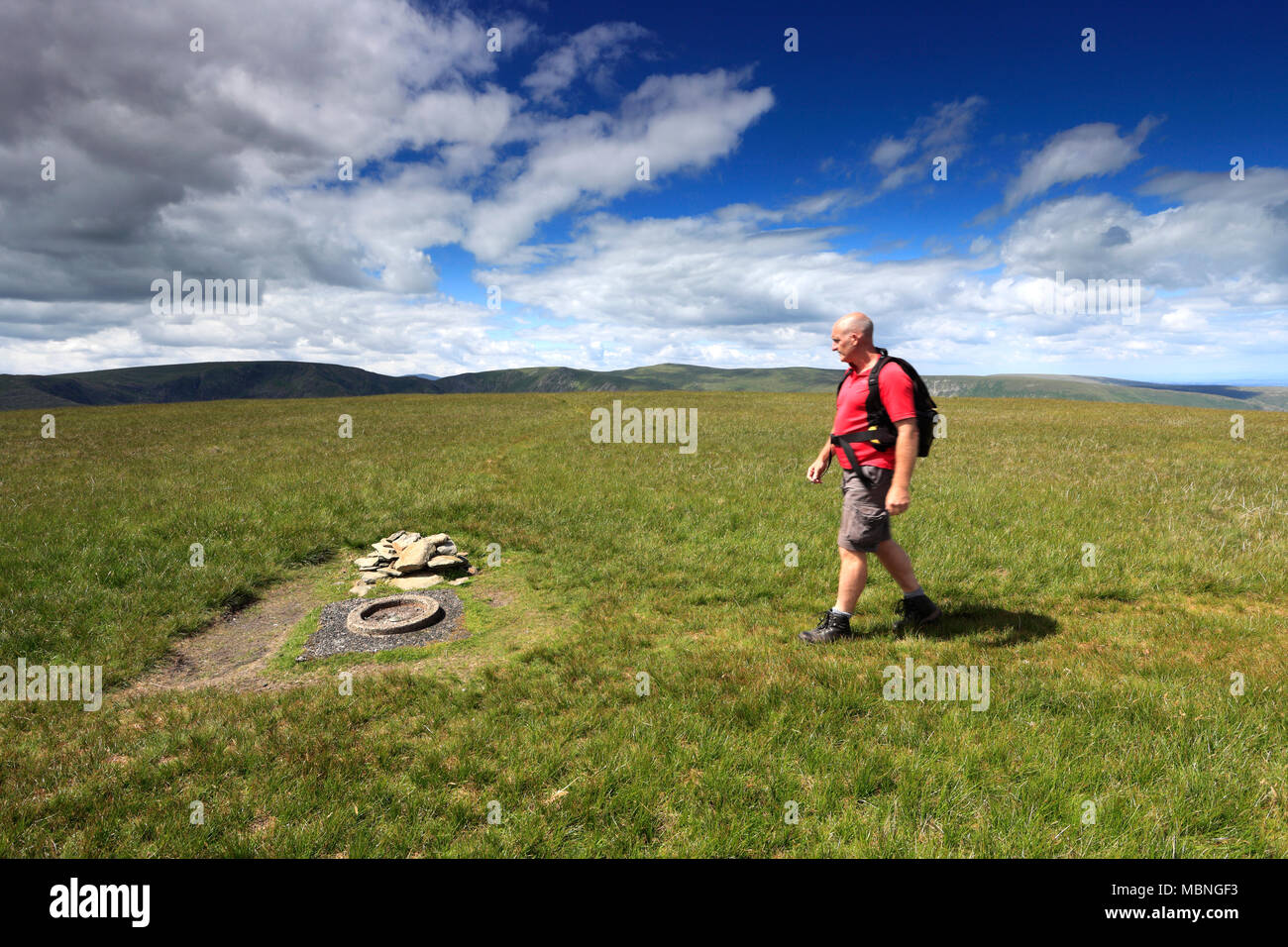 Walker, Summit cairn on Branstree Fell, Mardale Common, Lake District ...