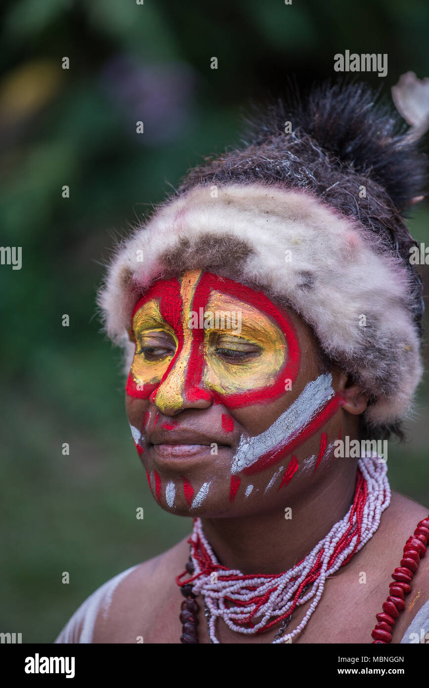 Portrait of a Huli girl with face painted for the Initiate Dance, Tari ...