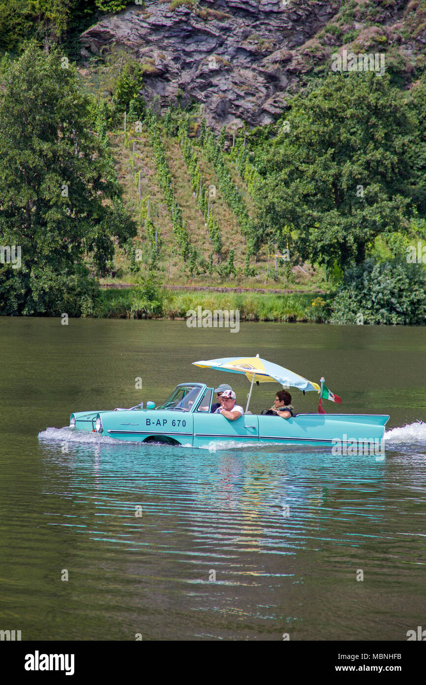 Amphic car, a german amphibious vehicle driving on Moselle river at ...
