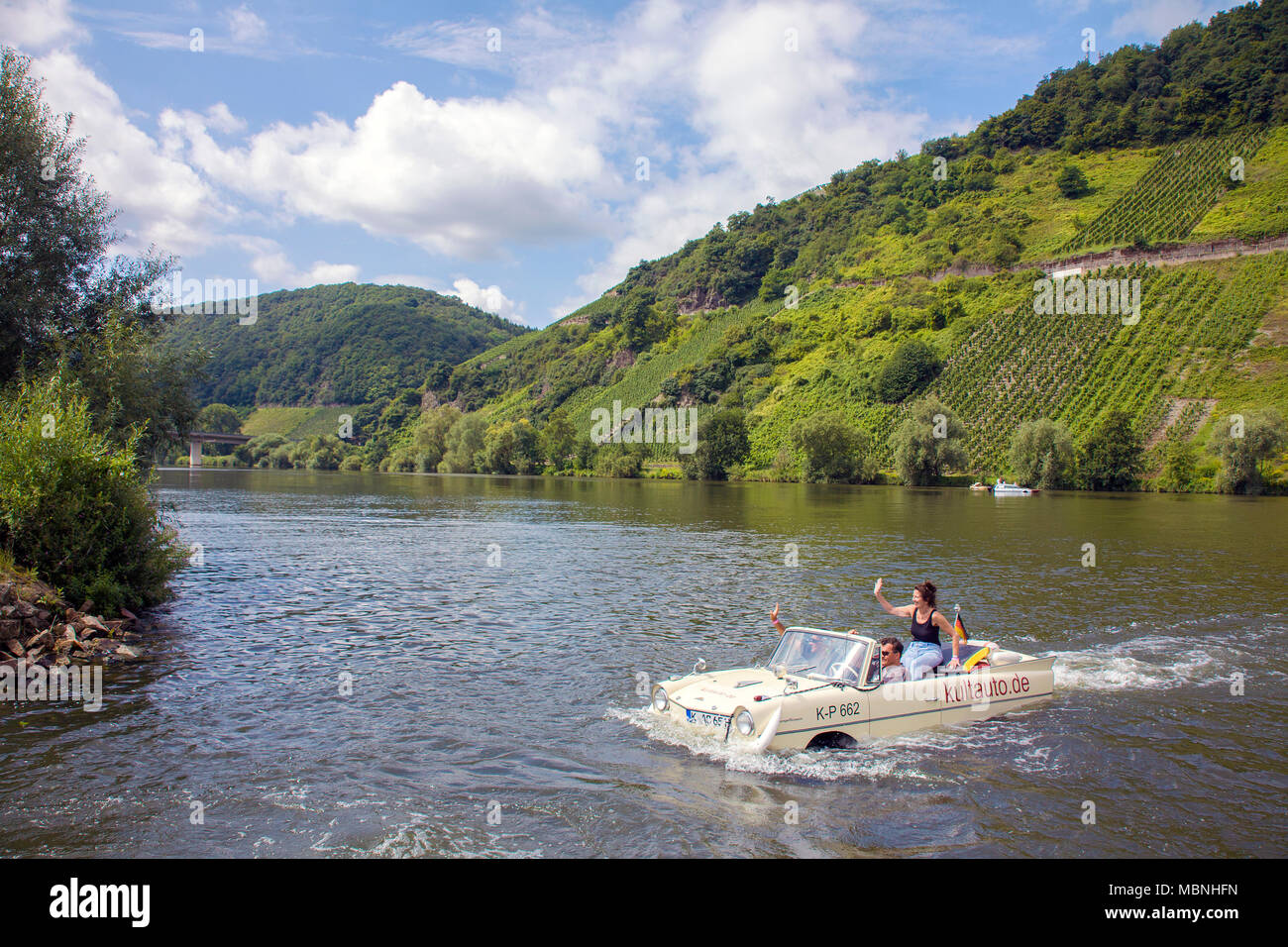 Amphic car, a german amphibious vehicle driving on Moselle river at ...
