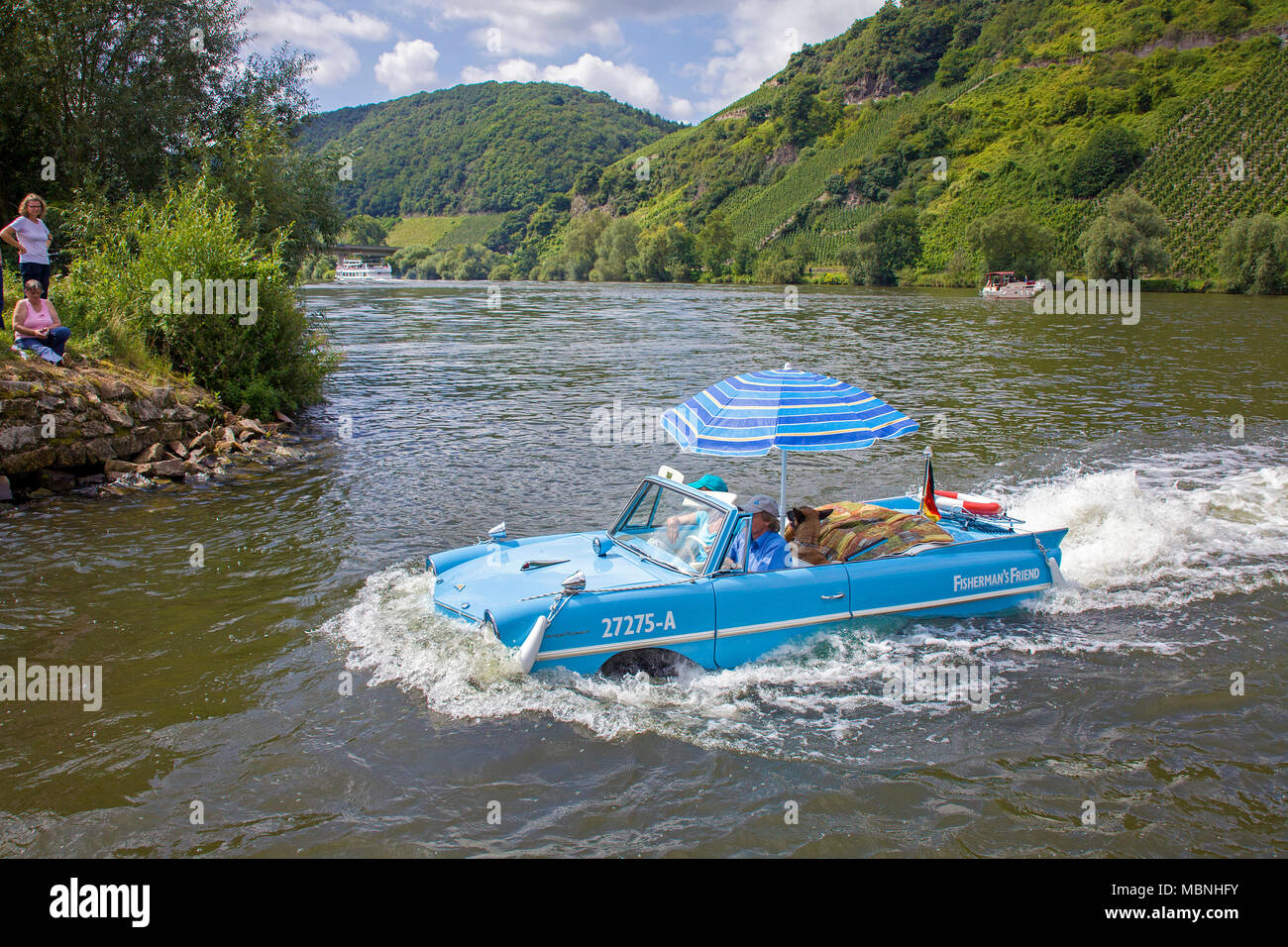 Amphic car, a german amphibious vehicle driving on Moselle river at ...