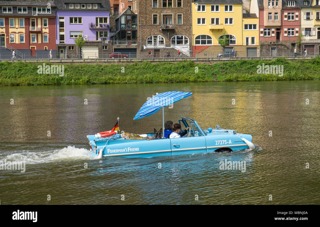 Amphic car, a german amphibious vehicle driving on Moselle at Cochem ...