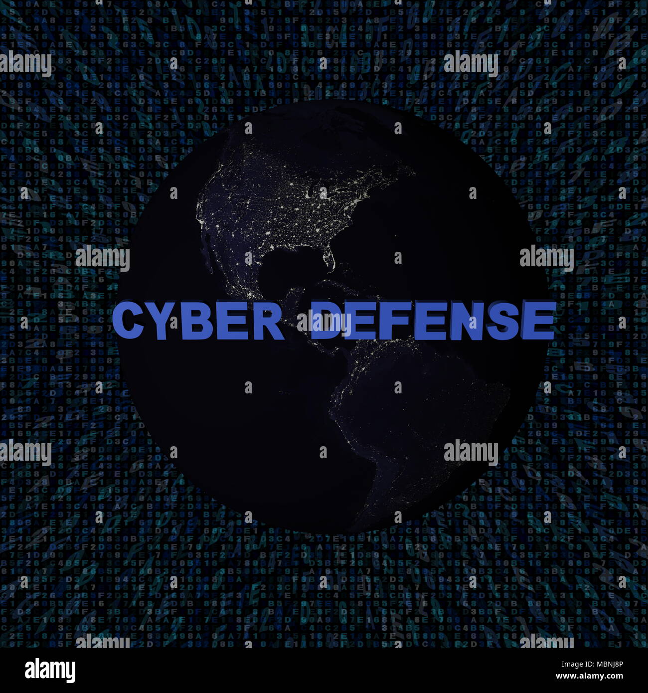 Cyber Defense text with earth by night and blue hex code illustration ...