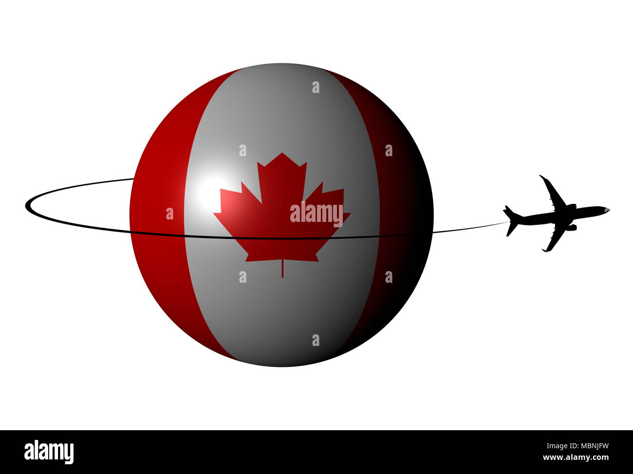 Canada flag sphere with plane silhouette and swoosh illustration Stock ...