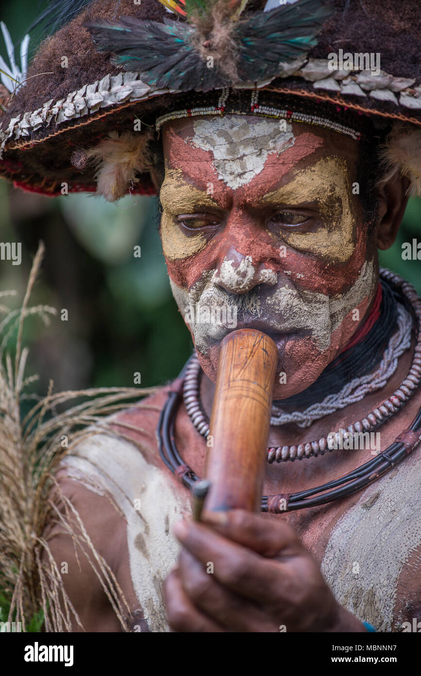 A Huli wigman with painted face smokes from a bamboo pipe, Tari Valley ...