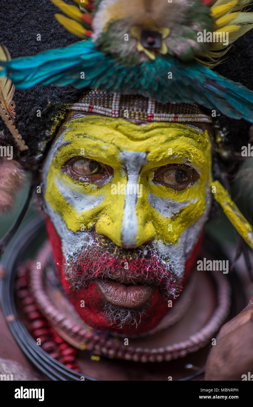 Close-up portrait of Huli wigman with painted face before a sing-sing ...