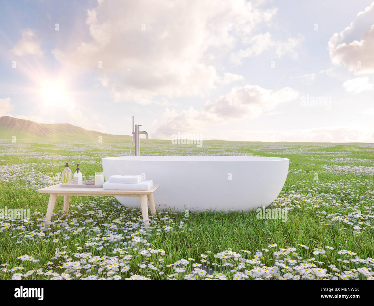 bathtube standing on beautiful meadow. 3d rendering Stock Photo - Alamy