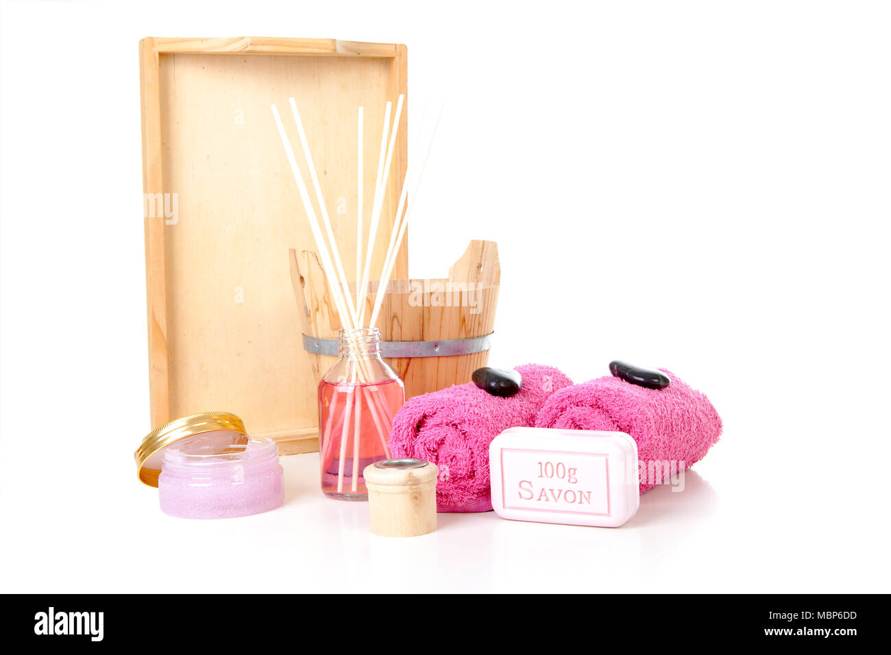 Pink spa accessories isolated on white background Stock Photo - Alamy