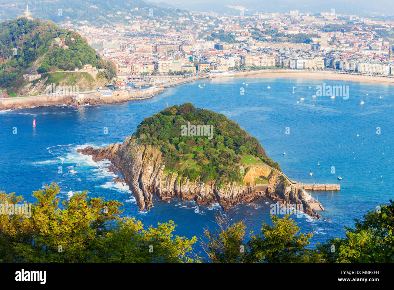 Santa Clara Island and San Sebastian Donostia city aerial panoramic ...
