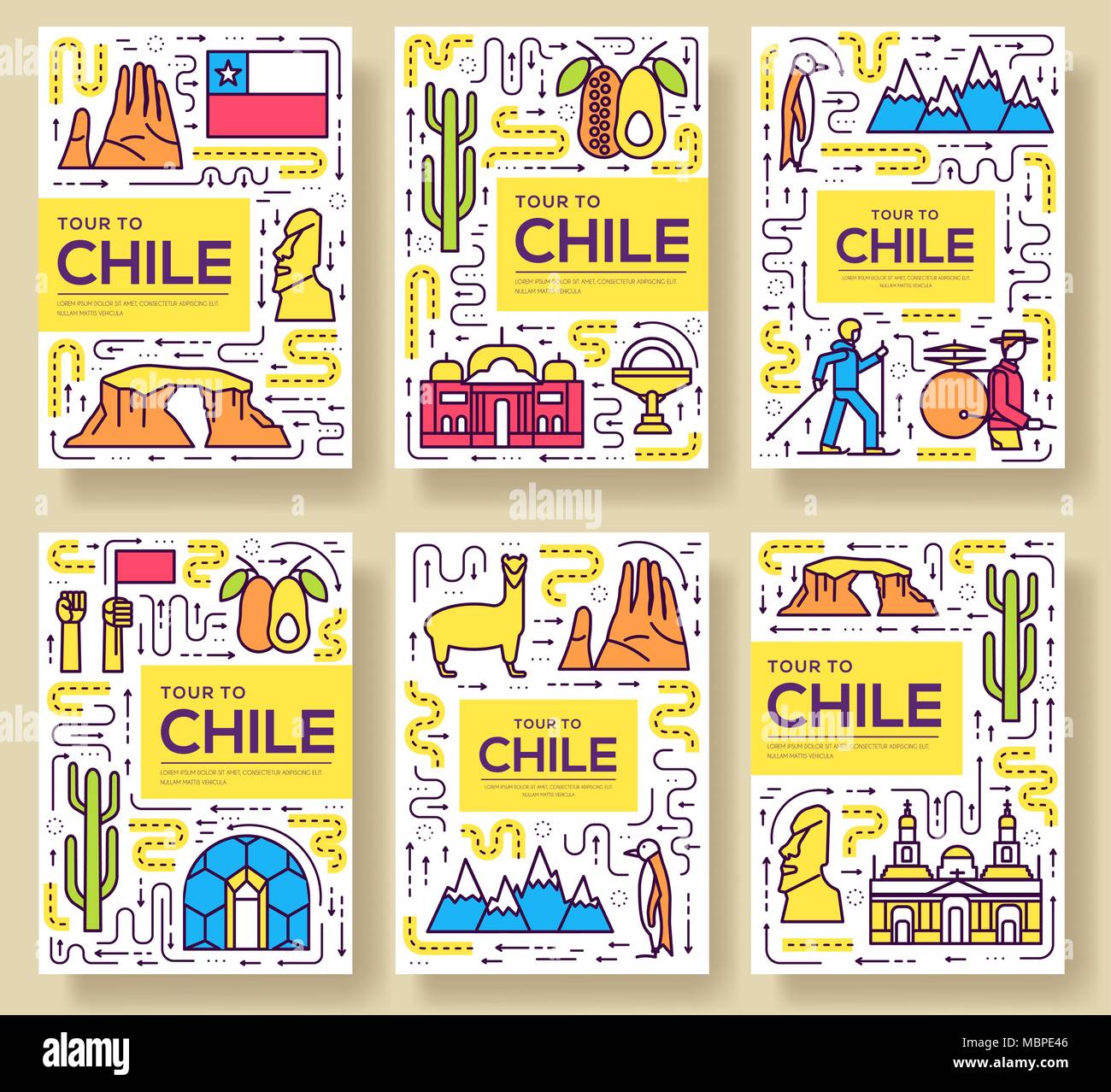 Chile vector brochure cards thin line set. Country travel template of ...